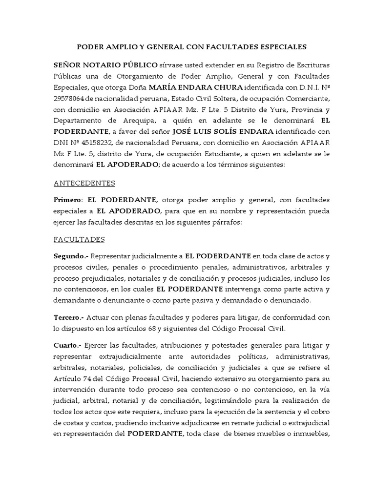 Poder Amplio y General Con Facultades Especiales | PDF | Matrimonio ...