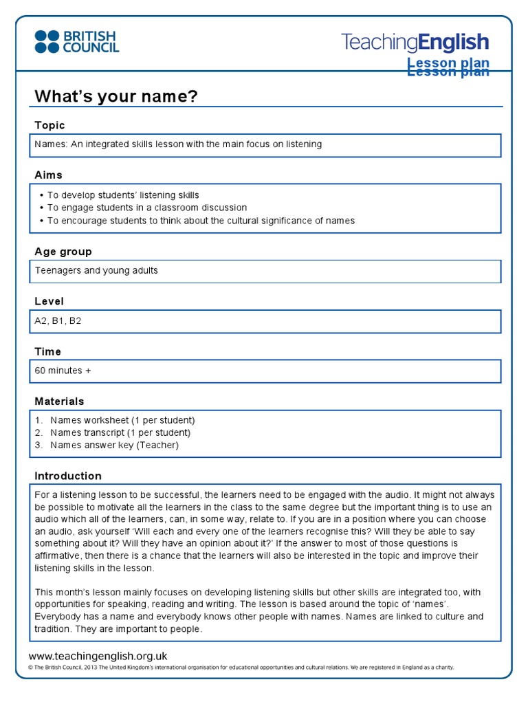 Whats Your Name PDF | PDF | Lesson Plan | Multiple Choice