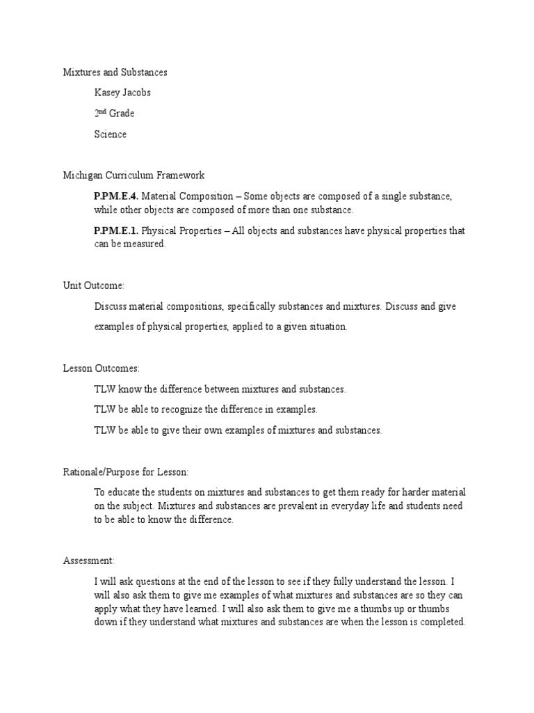Lesson Plan - Substances and Mixtures | PDF | Substance Theory | Mixture
