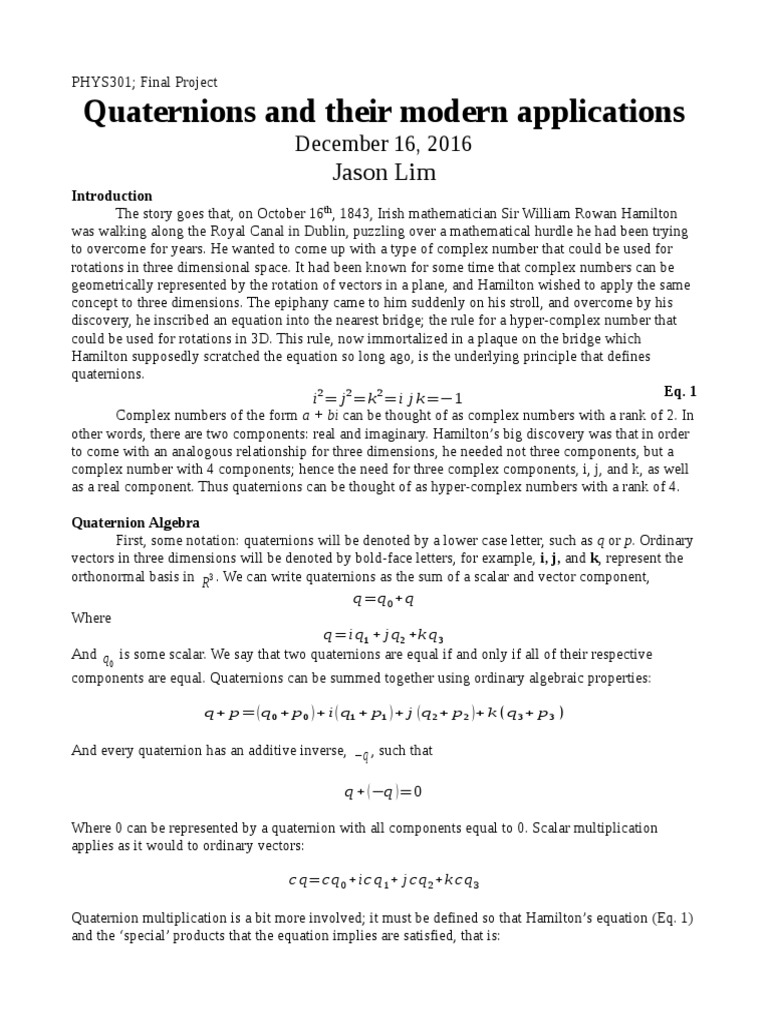 Quaternions and Their Modern Applications: Jason Lim | PDF | Euclidean ...