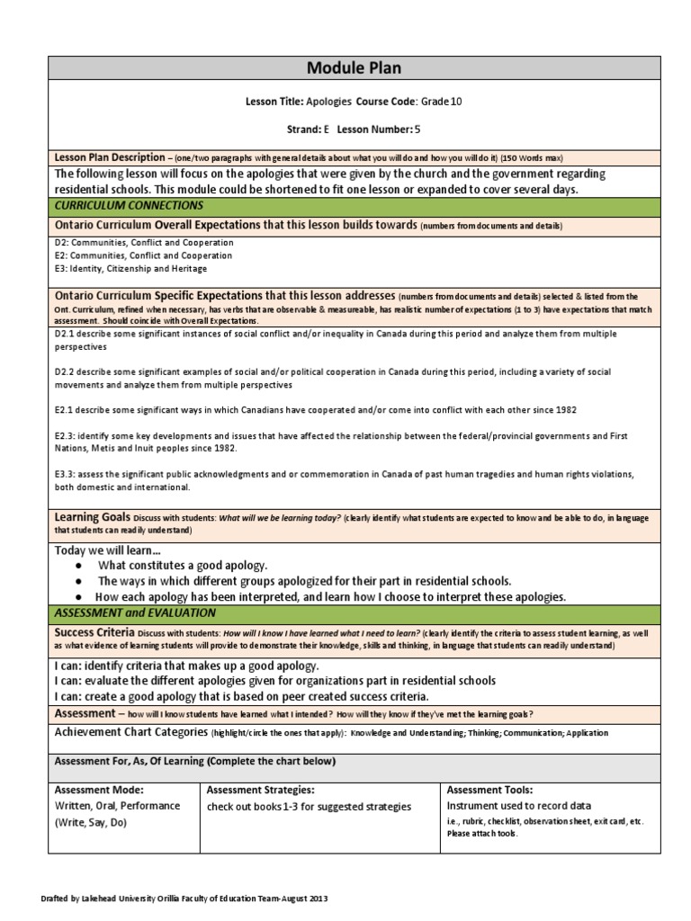 Apologies Module Plan | PDF | Educational Assessment | Lesson Plan