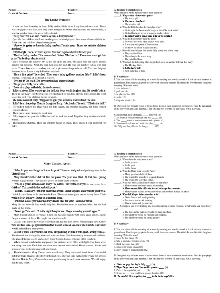 Reading Comprehension | PDF | Mary Cassatt | Parrot