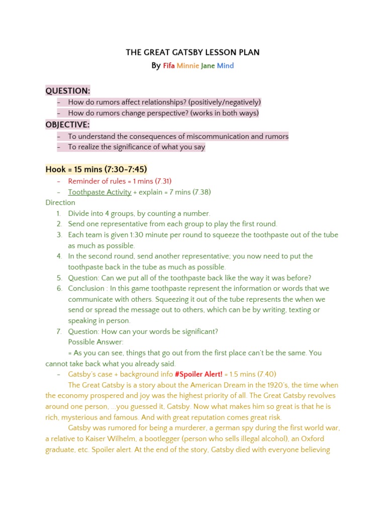 The Great Gatsby Lesson Plan By: Minnie | PDF | Rumor | Communication