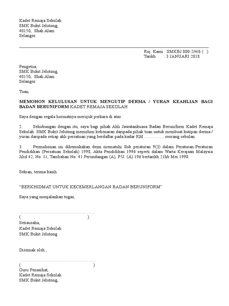 2.10 Surat Permohonan Mengutip Derma Keahlian Badan Beruniform | PDF