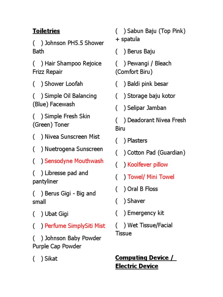 Hostel Checklist 2018 | PDF