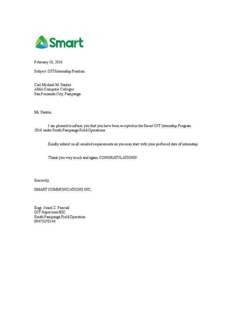 OJT Acceptance Letter for Carl Santos | PDF