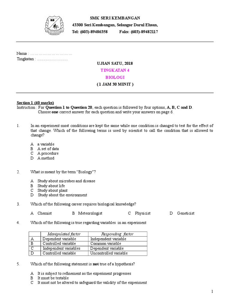 F4 Bio Test - Ujian 1 | PDF | Glucose | Cell (Biology)