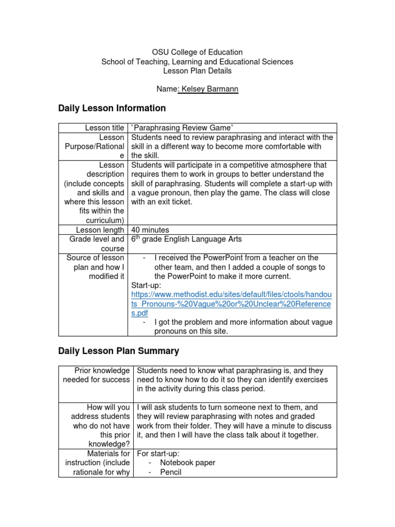 Evaluation Lesson Plan 1 | PDF | Lesson Plan | Question
