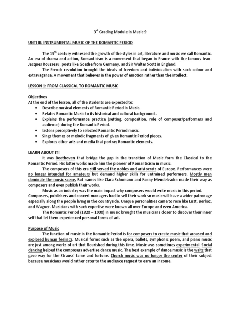 3rd Grading Module in Music 9 | PDF | Romantic Music | Romanticism