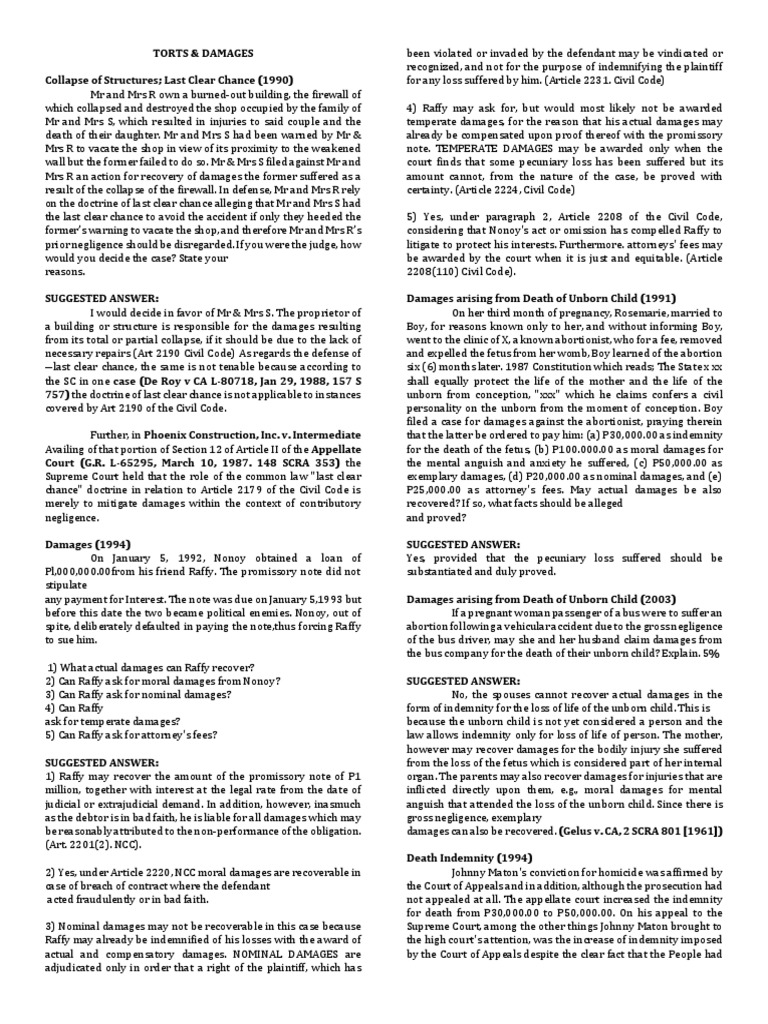 Torts Exams and Quiz Reviwe Bar Q and A | PDF | Damages | Negligence