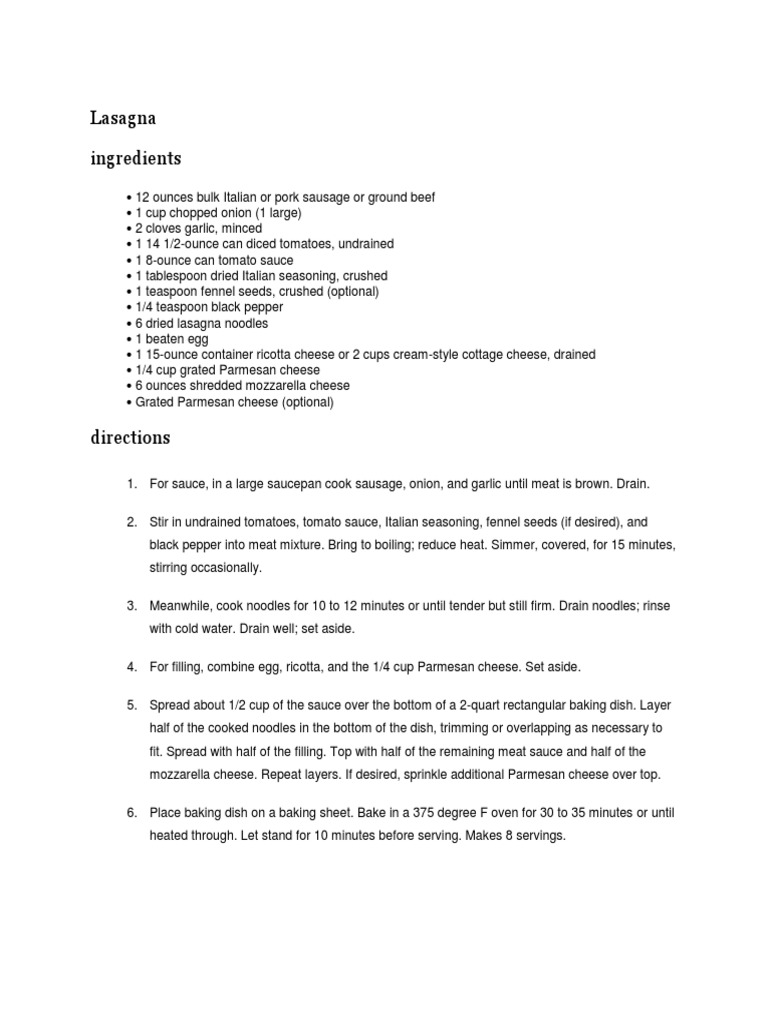 Classic Lasagna Recipe | PDF