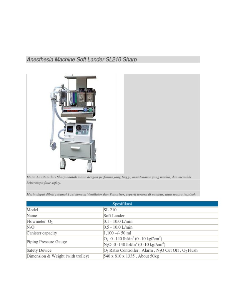 Anesthesia Machine Soft Lander SL210 Sharp | PDF