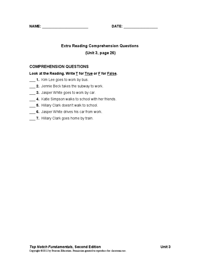 Extra Reading Comprehension Questions (Unit 3, Page 26) : NAME: - DATE ...