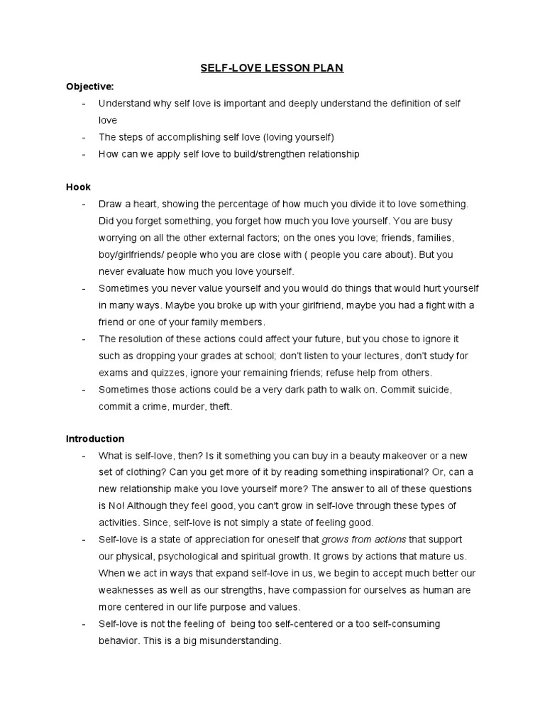Self-Love Lesson Plan: Objective | PDF | Self | Love