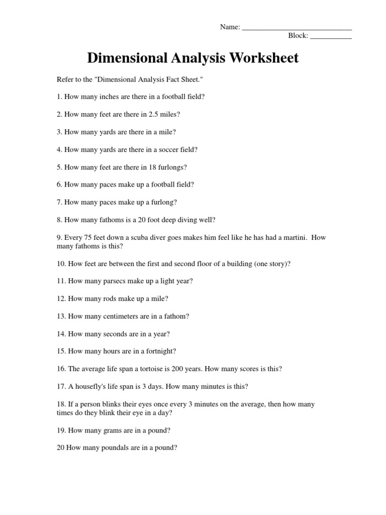 Dimensional Analysis Worksheet | PDF | Foot (Unit) | Ton