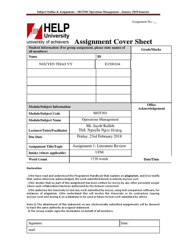 Assignment Cover Sheet: Nguyen Thao Vy E1500104 | PDF | Turnitin | Intellectual Works
