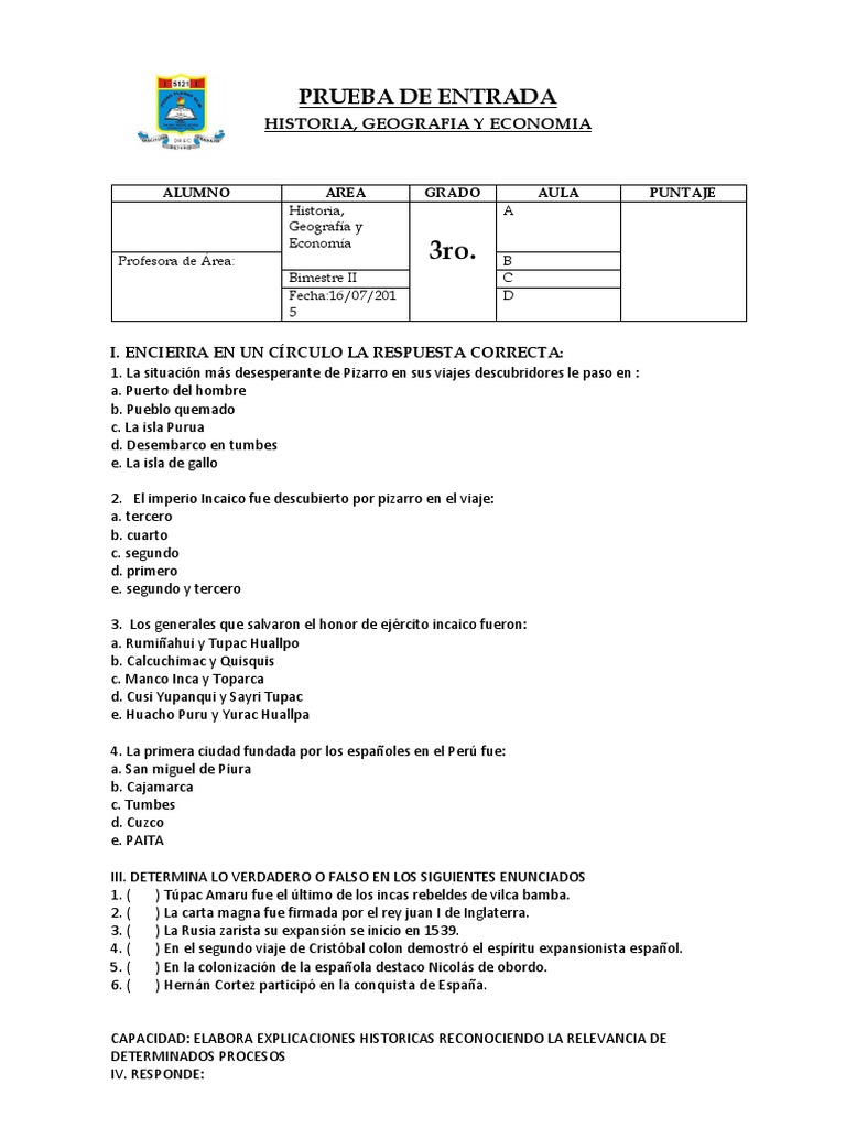 Examen Parcial de Historia 3RO | PDF | Selva amazónica | Francisco Pizarro