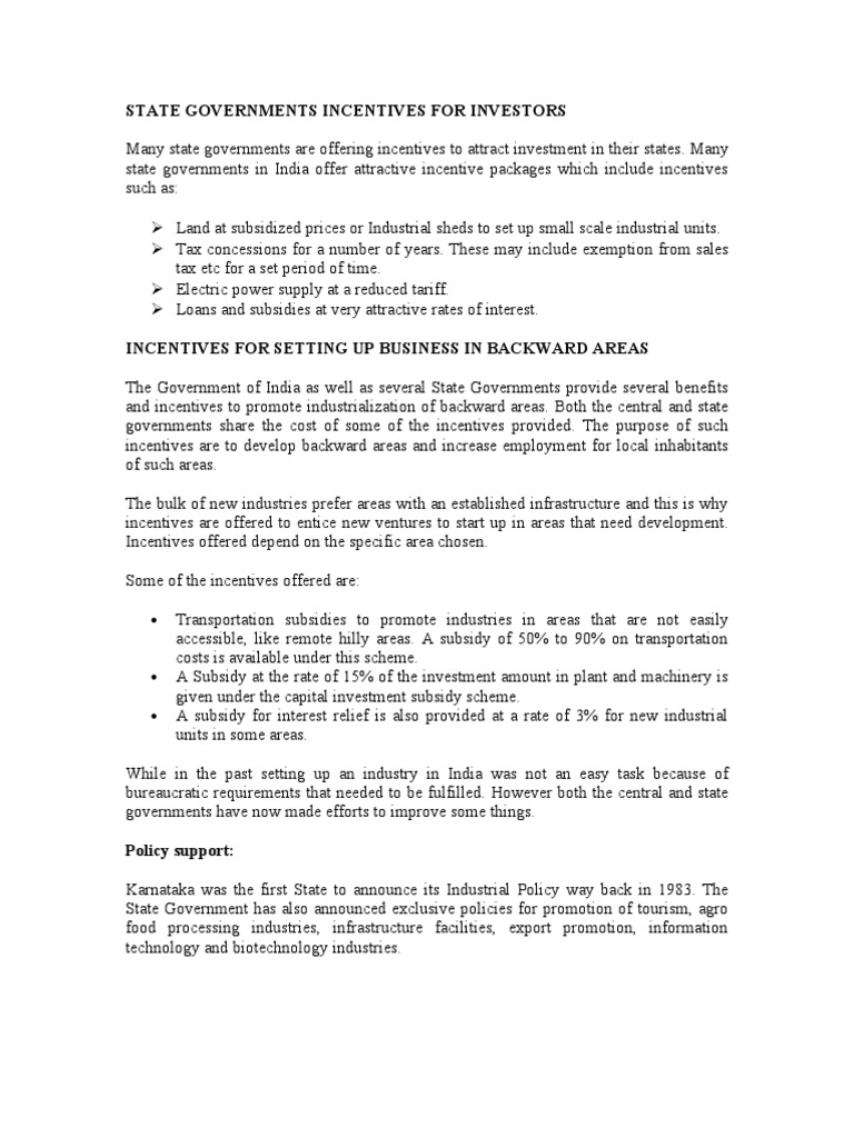 State Governments Incentives For Investors | PDF | Subsidy | Incentive