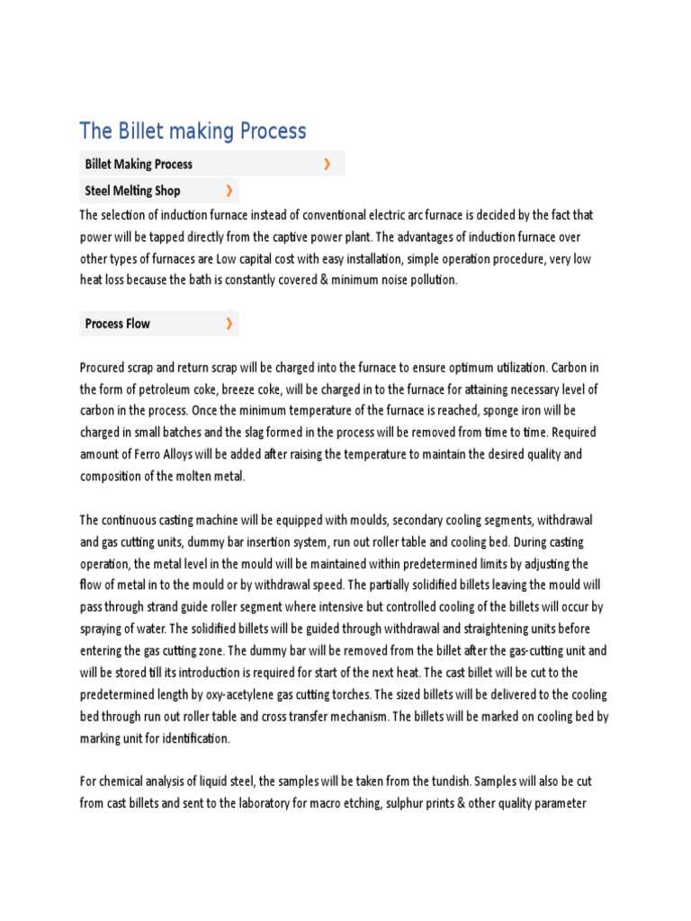 Steel Billet Manufacturing Process | PDF | Industries | Metals