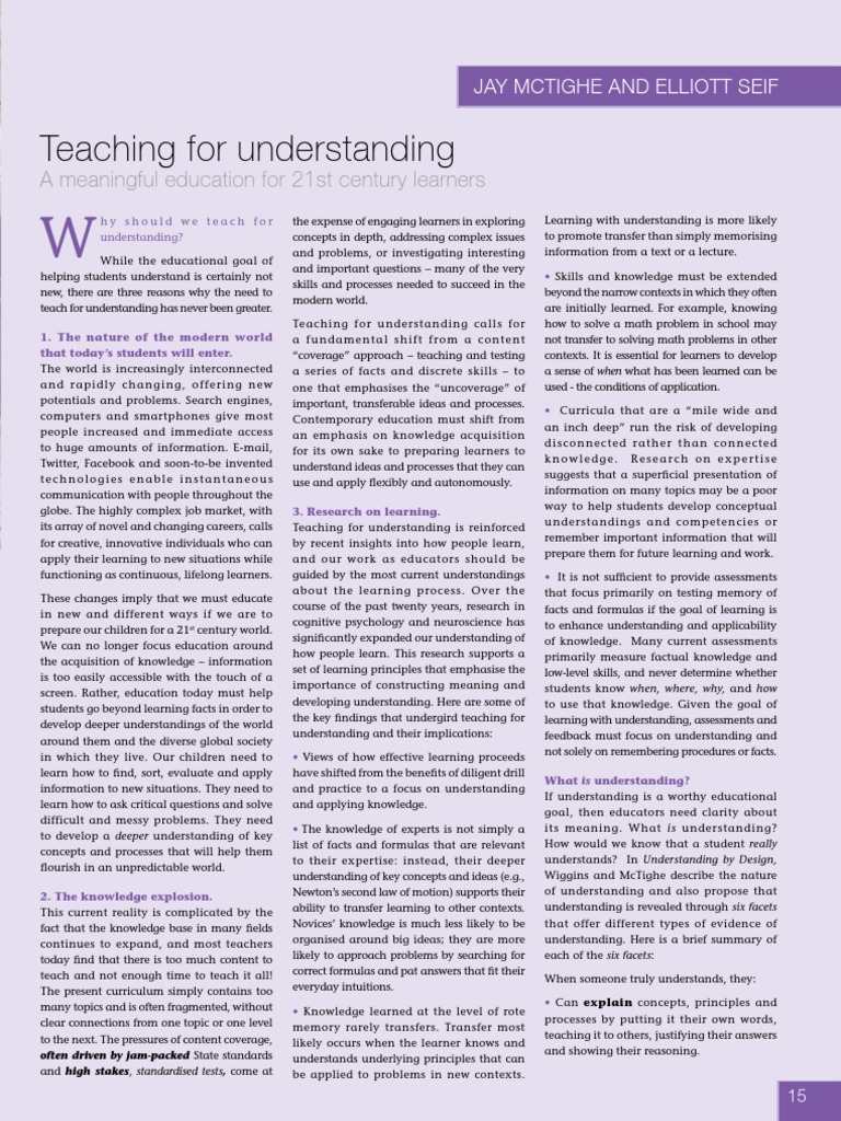Teaching For Understanding | PDF | Learning | Teachers