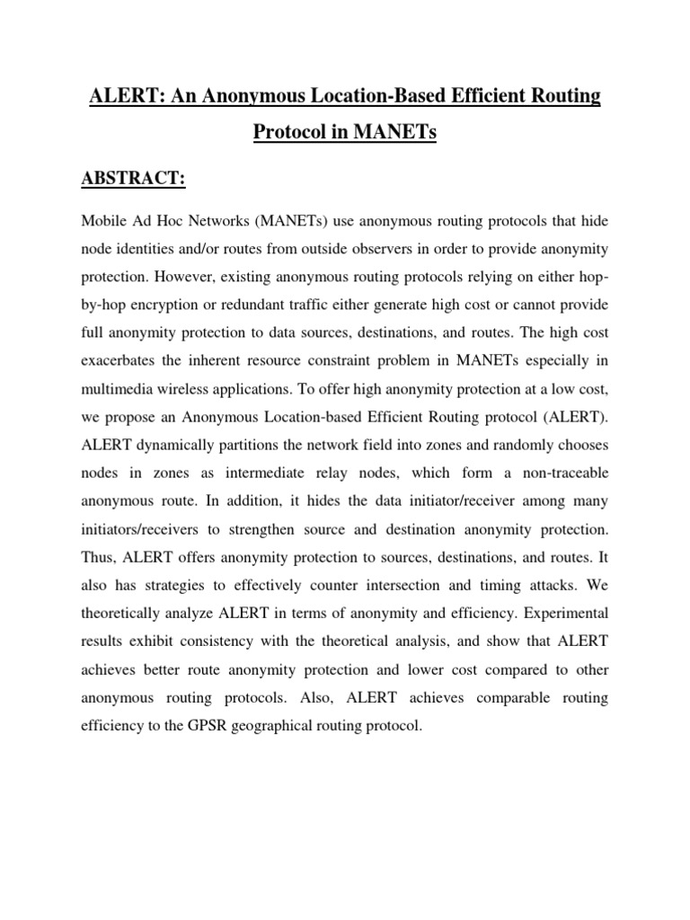 Alert An Anonymous Location Based Efficient Routing Protocol In Manets Pdf Routing Anonymity