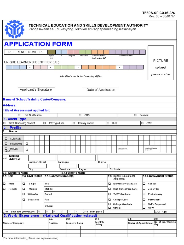TESDACompetency Assessment Application Forms | PDF | Vocational ...
