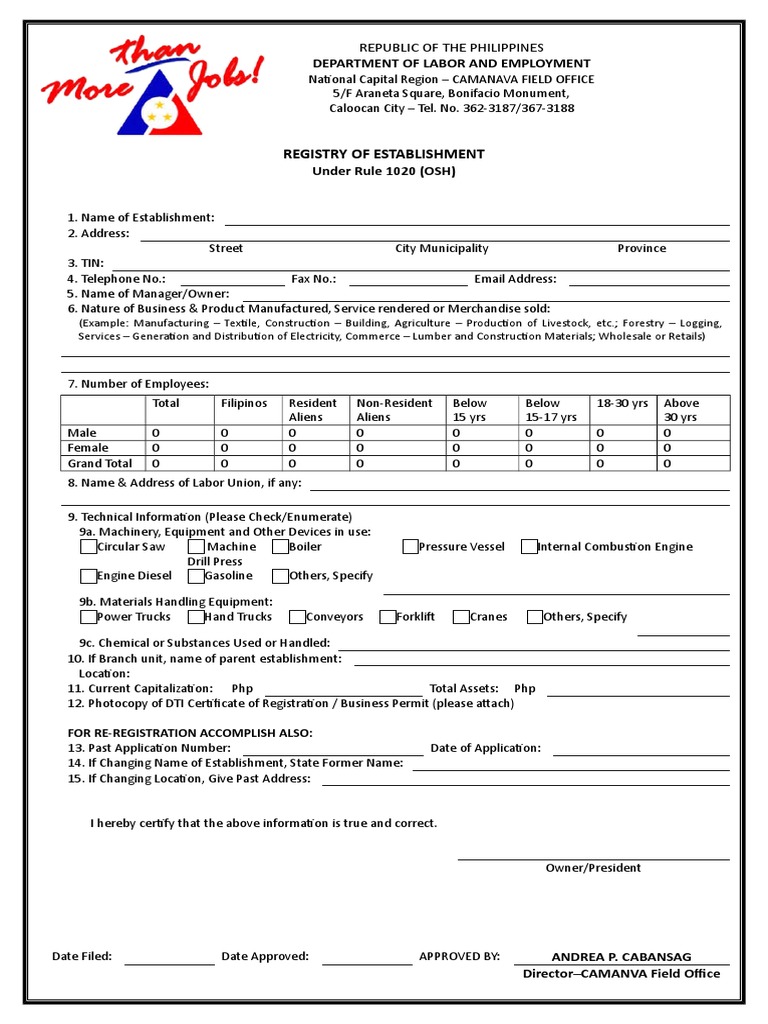 DOLE Rule 1020 Establishment Registration | PDF | Engines | Industries