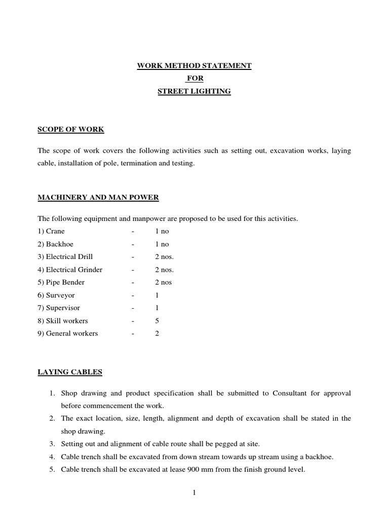 Work Method Statement FOR Street Lighting | PDF | Insulator ...