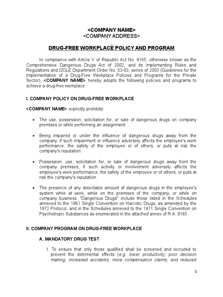 Comprehensive Drug-Free Workplace Policy and Program of [COMPANY NAME ...