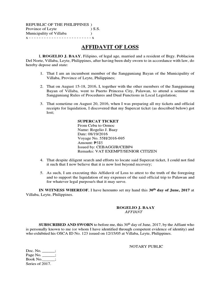 Affidavit of Loss - Ticket For Liquidation | PDF | Affidavit | Government Information