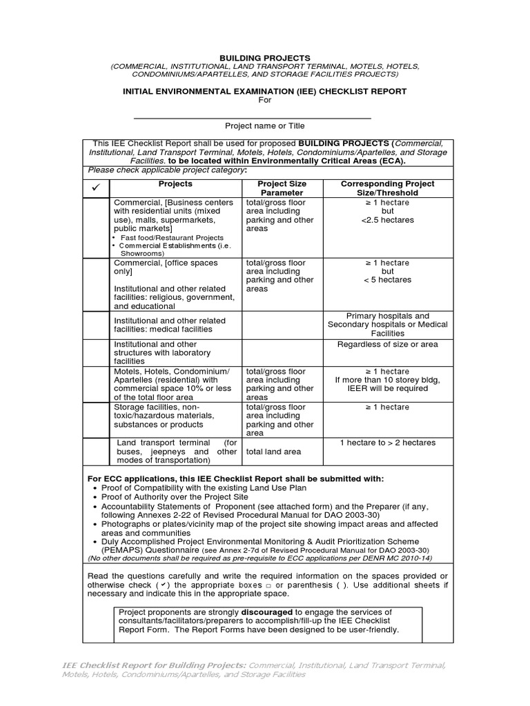 IEE Checklist for Building Projects | PDF | Environmental Monitoring ...