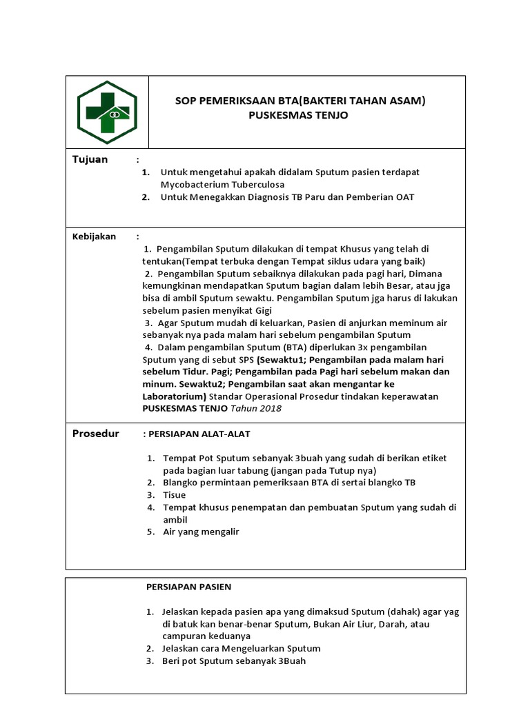 SOP Pengambilan Sputum BTA | PDF