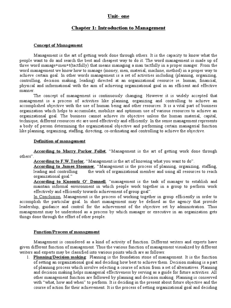 Unit-One Chapter 1: Introduction To Management | PDF | Goal | Planning