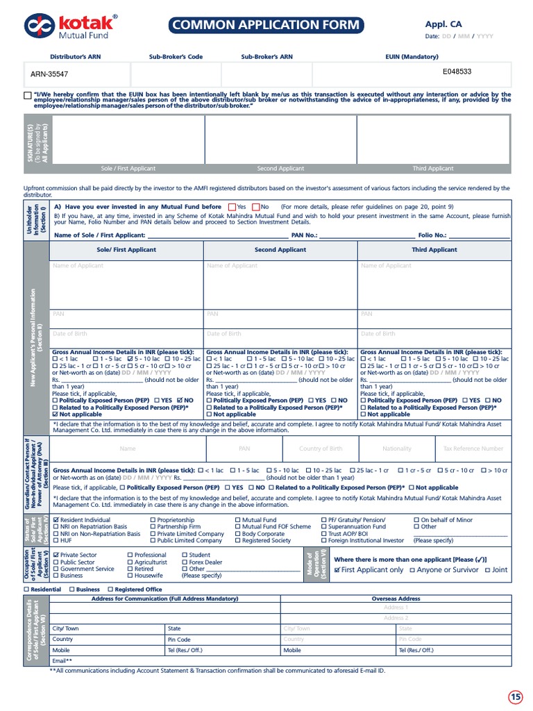 CAF Kotak Mutual Fund Lumpsum SIP Common Application Forms SIP ...