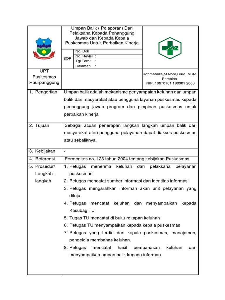 SOP Umpan Balik Puskesmas Haurpanggung | PDF | Bisnis