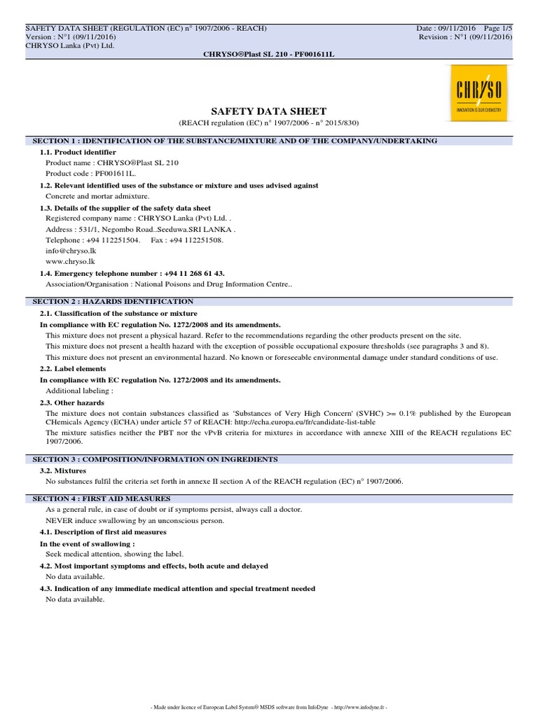 Msds Chryso Plast SL 210 - 7327 - 4196 | PDF | Dangerous Goods ...