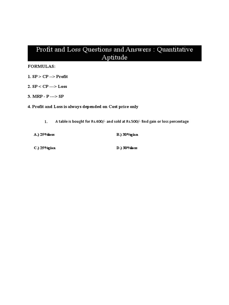 Profit and Loss Questions and Answers | PDF | Option (Finance) | Prices