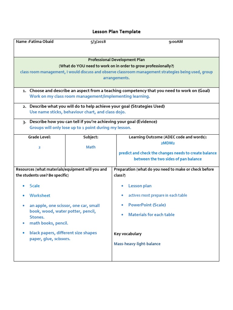 Lesson Plan Template: 1. Choose and Describe An Aspect From A Teaching ...