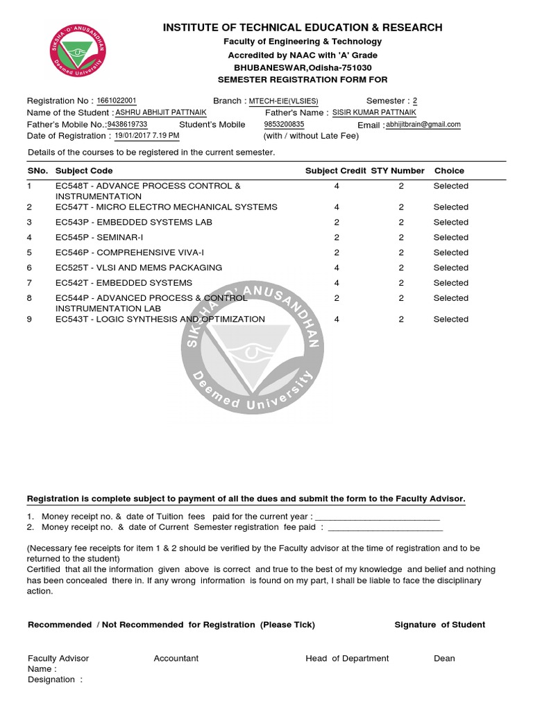 Semester Registration Form For | PDF | Business | Science