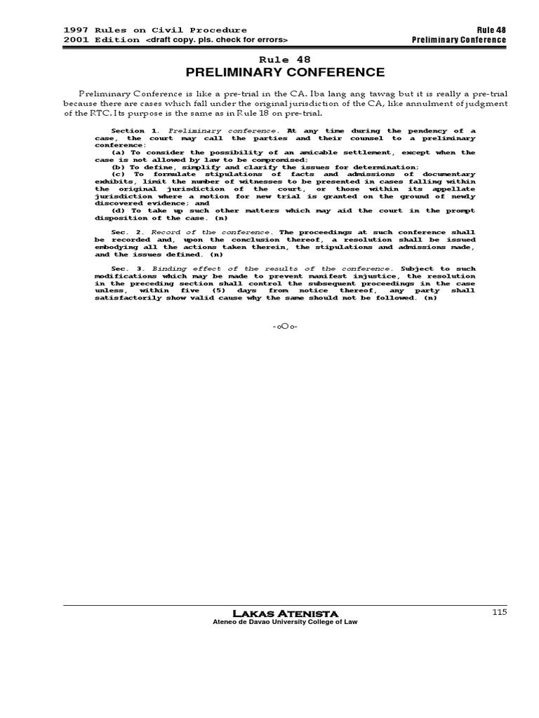 Rule 48 - Preliminary Conference | PDF