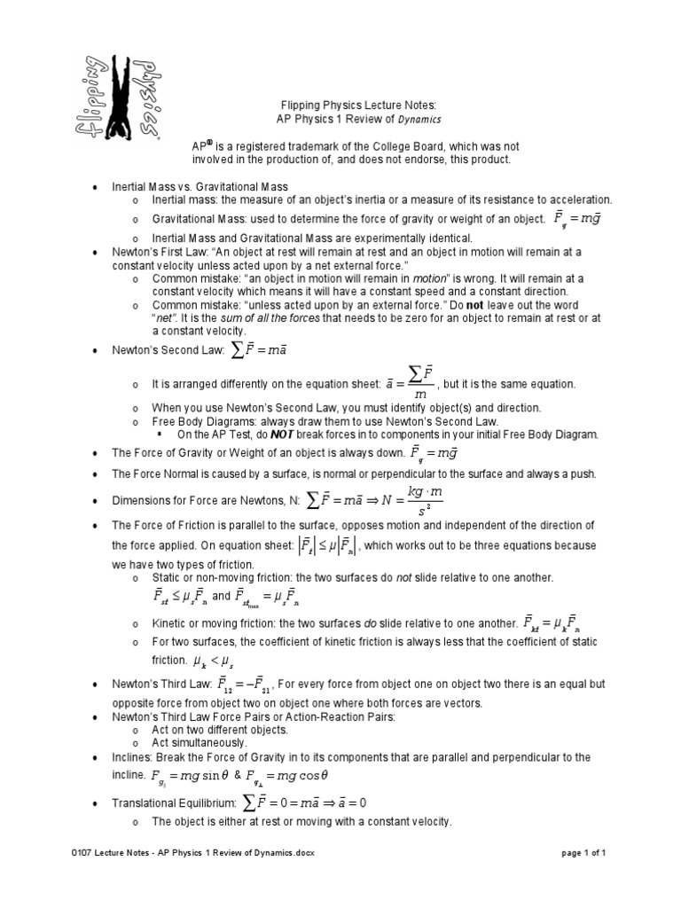 0107 Lecture Notes - AP Physics 1 Review of Dynamics - Docx Page 1 of 1 ...