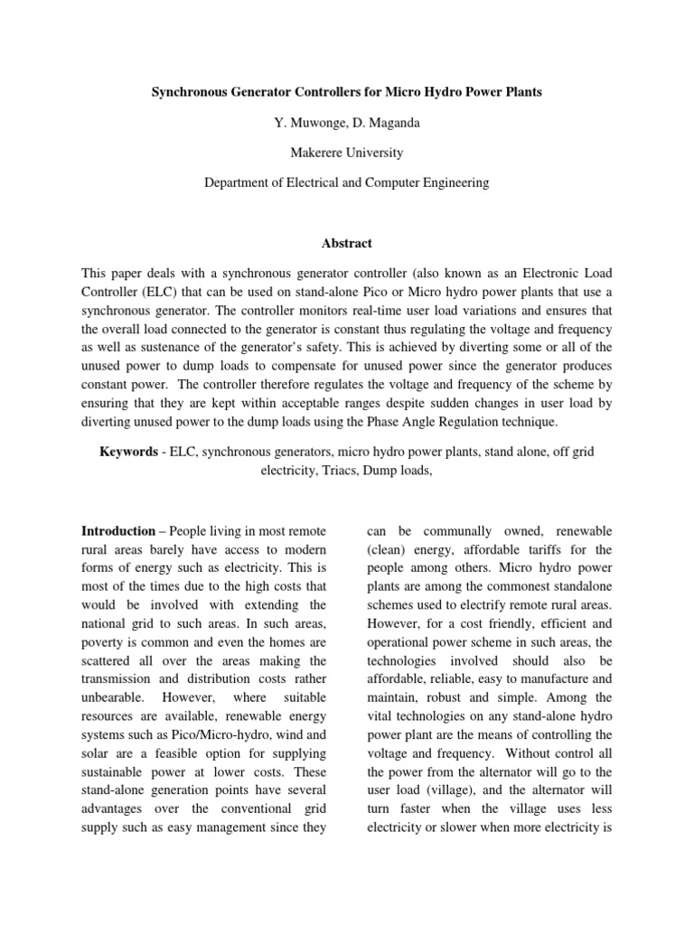 Thesis Paper - Synchronous Generator Controllers For Micro Hydro Power ...