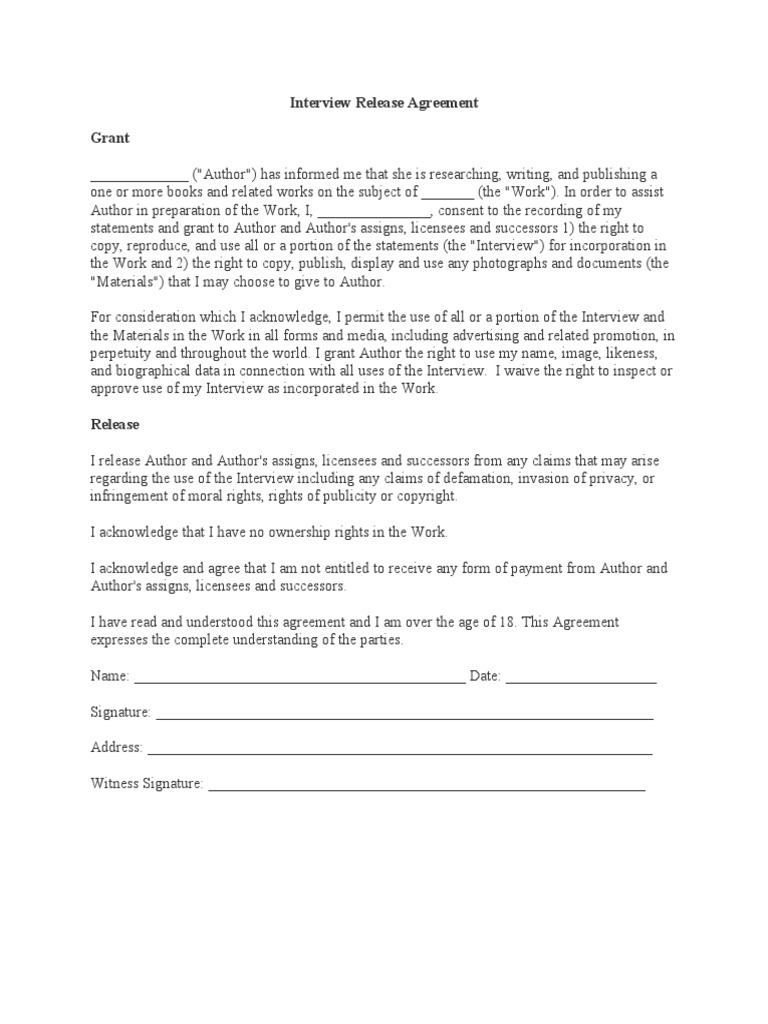 Interview Release Agreement for Authors | PDF