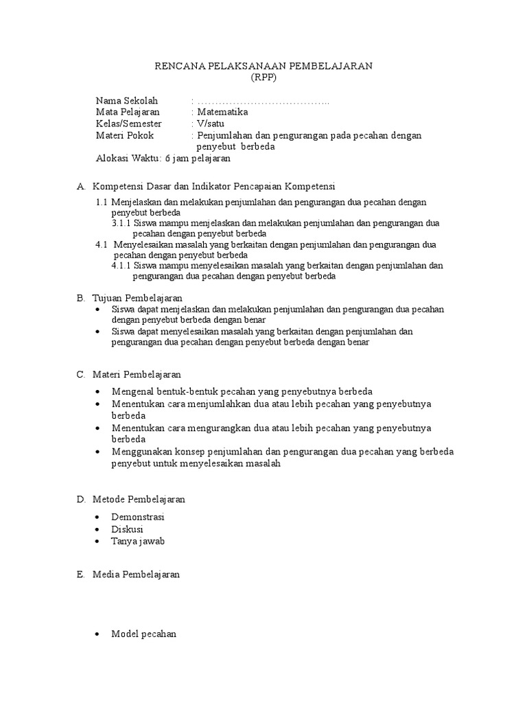 Contoh RPP MTK | PDF