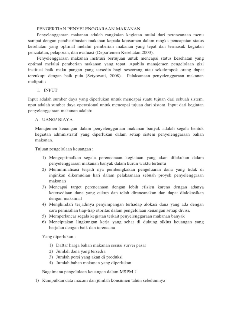 Pengertian Penyelenggaraan Makanan | PDF