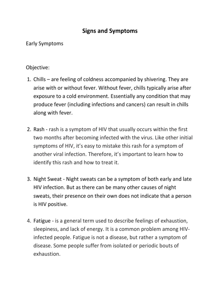 Early Signs and Symptoms of HIV | PDF | Fatigue (Medical) | Hiv/Aids