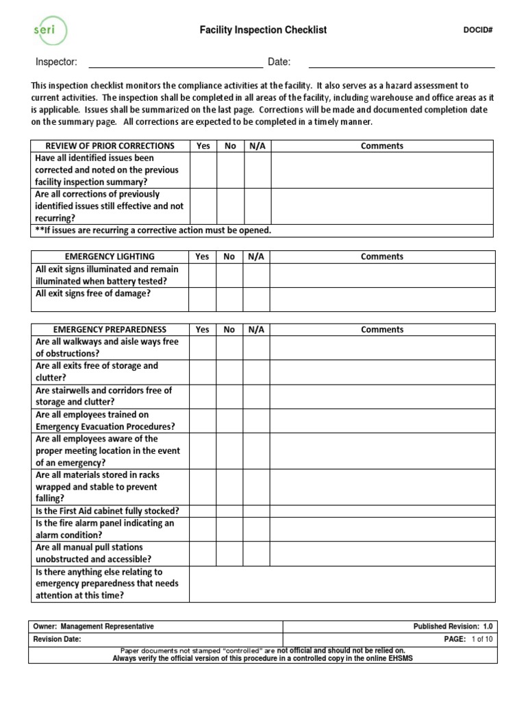Facility Inspection Checklist | PDF | Personal Protective Equipment ...
