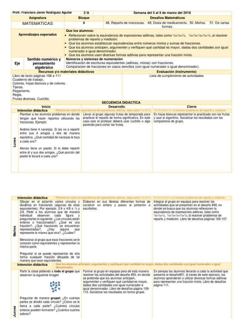Planificacion Semanal de Matematicas Tercer Grado Cuarto Bloque | PDF ...