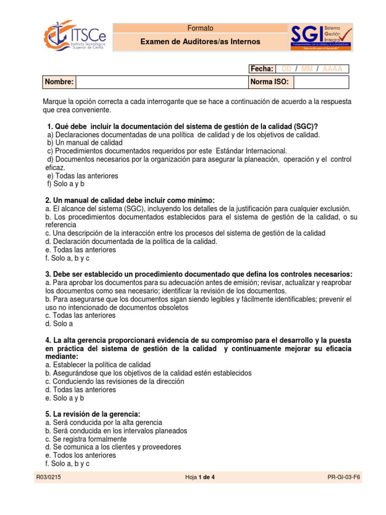 Examen de Auditor Interno | PDF | Gestión de la calidad | Calidad (comercial)