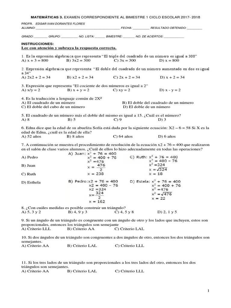 Examen de Matemáticas 3er Grado | PDF | Triángulo | Enseñanza de matemática